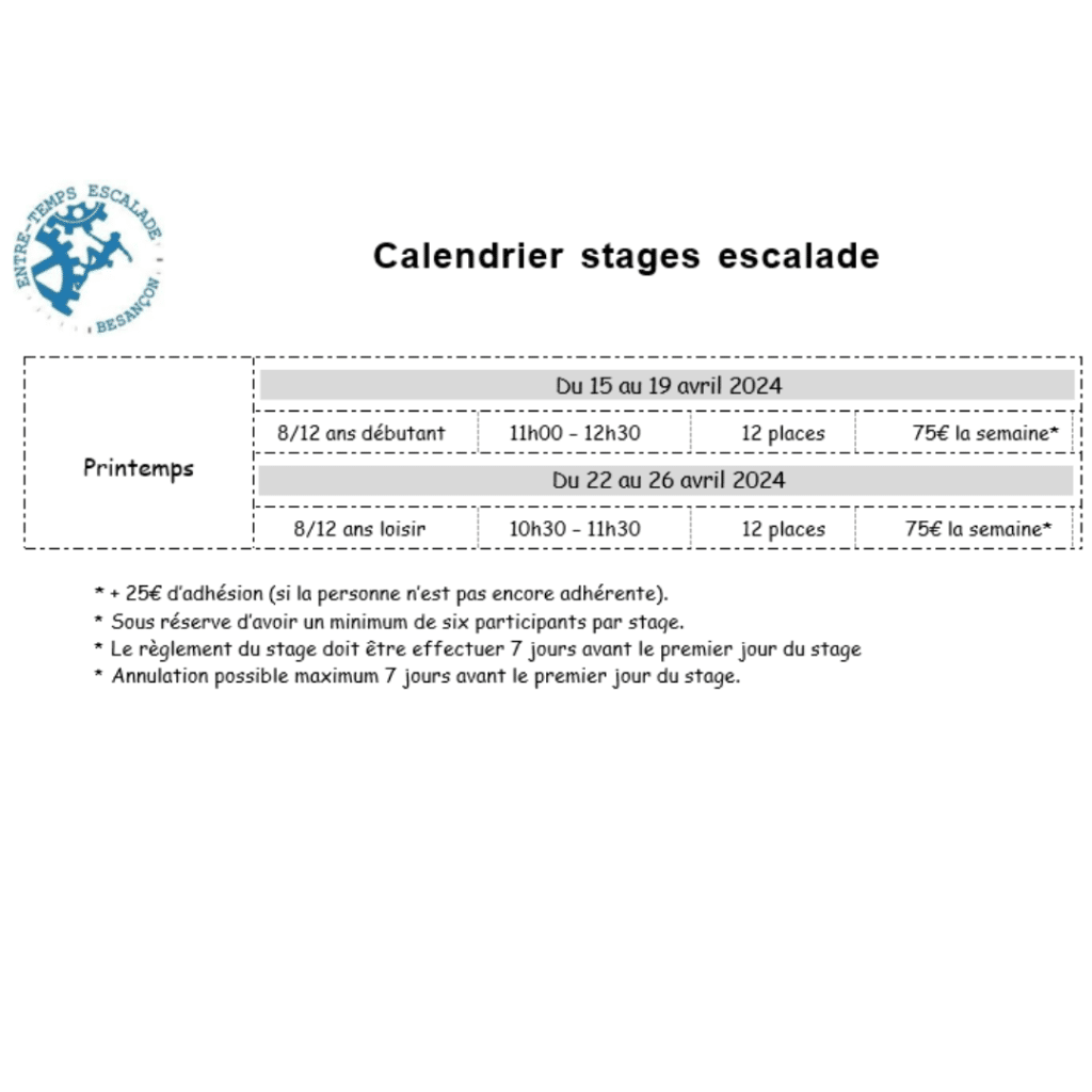 Stage escalade printemps 2024 - Entre-Temps Escalade
